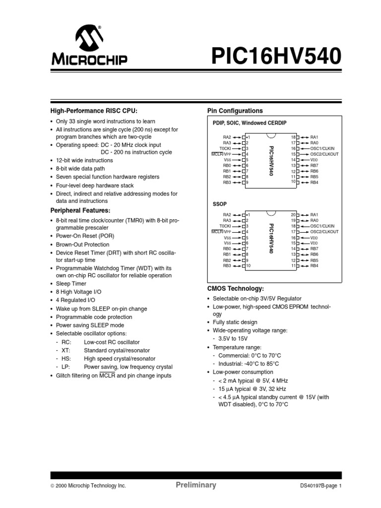 PIC16HV540: Enhanced PIC16C54 EPROM-Based 8-Bit CMOS Microcontroller With On-Chip Voltage ...
