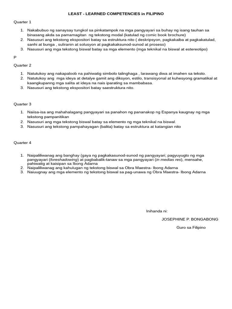 LEAST - LEARNED COMPETENCIES in FILIPINO | PDF