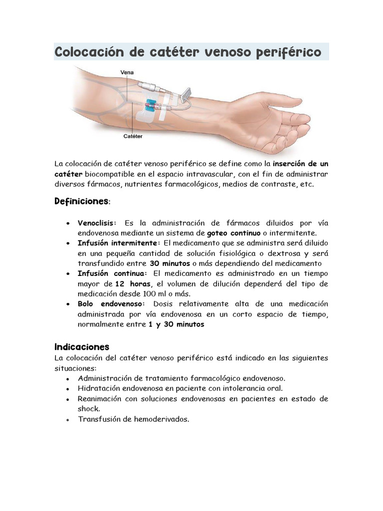 Colocación de Catéter Venoso Periférico | PDF | Terapia intravenosa ...