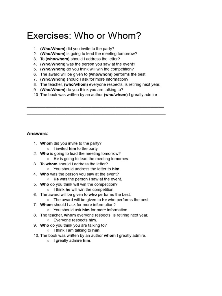 Who vs. Whom Exercises and Answers | PDF