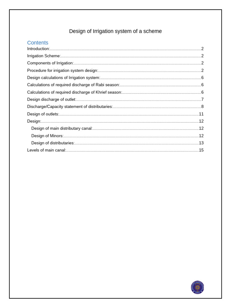 Design of Irrigation system of a scheme | PDF | Irrigation | Hydraulic ...