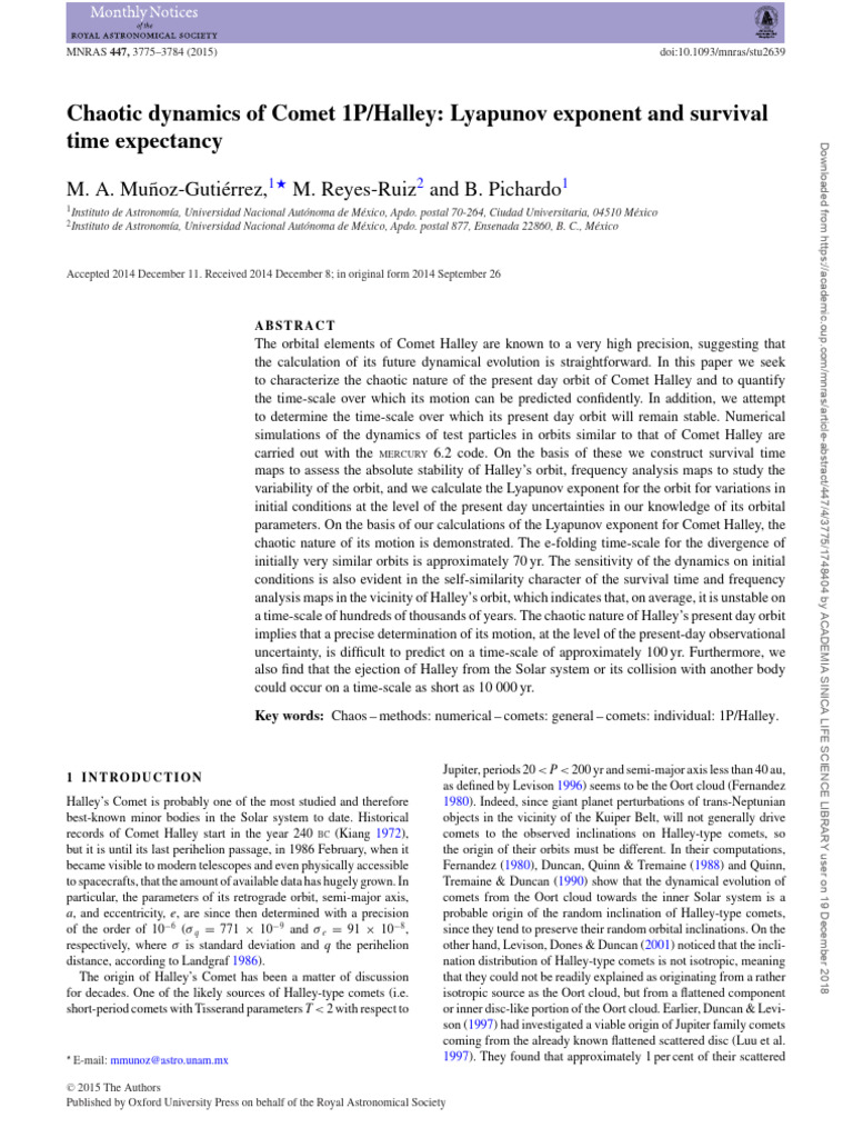Chaotic Dynamics of Comet 1P/Halley: Lyapunov Exponent and Survival ...