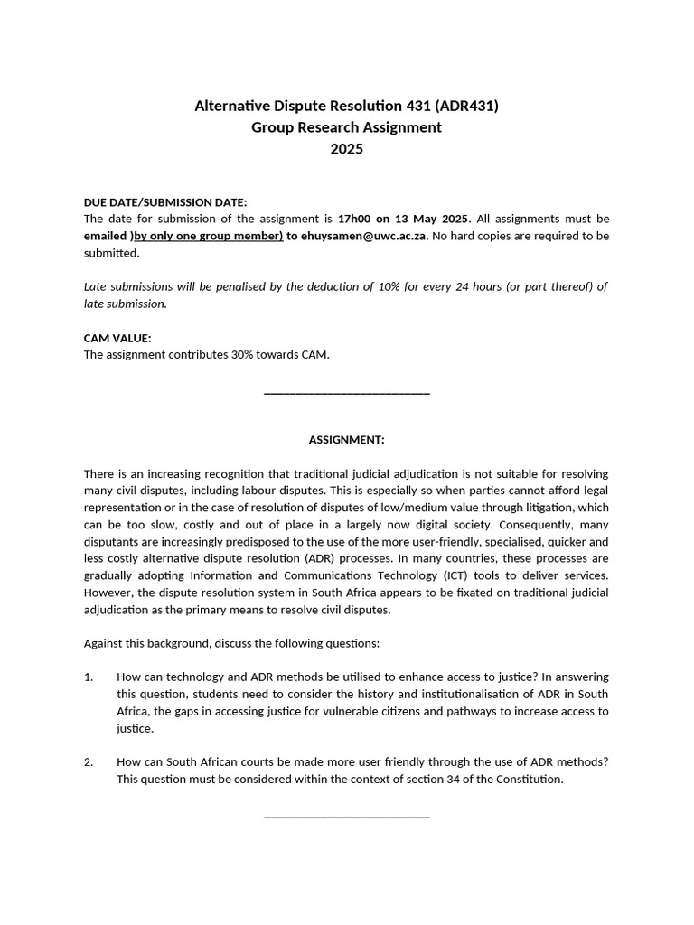 ADR 431 Group Assignment - 2025 | PDF | Alternative Dispute Resolution | Dispute Resolution