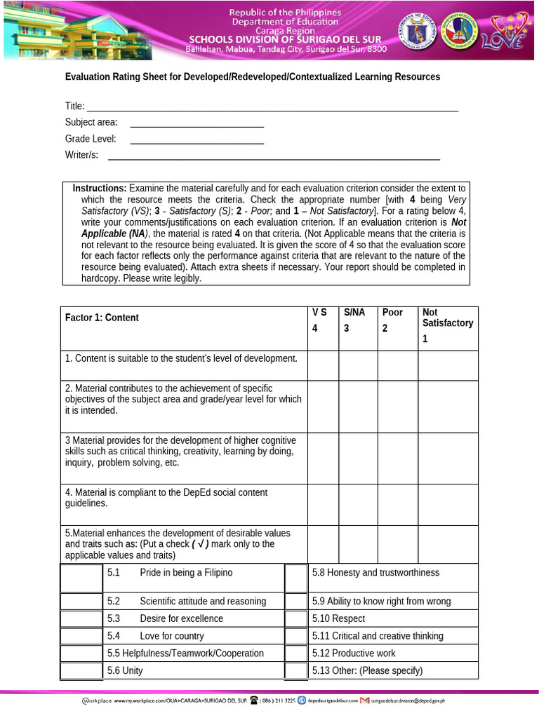 Learning Resource Evaluation Sheet | PDF | Learning | Critical Thinking