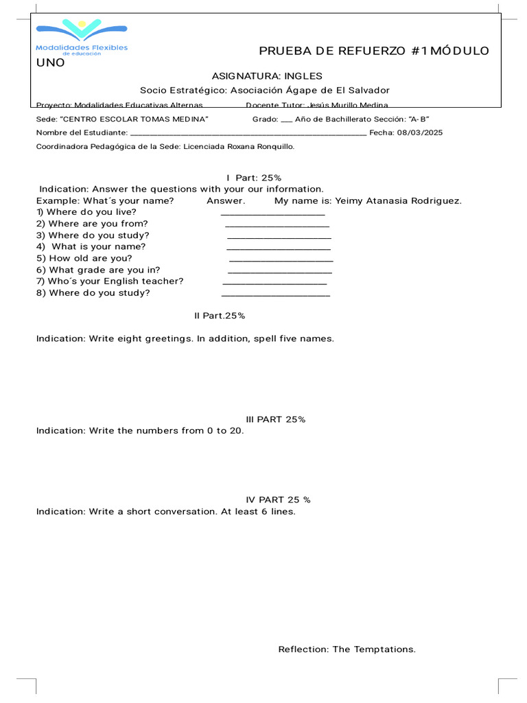 Agape Refuerzo 1 Mod 1 Grado ____ Año 2025 | PDF