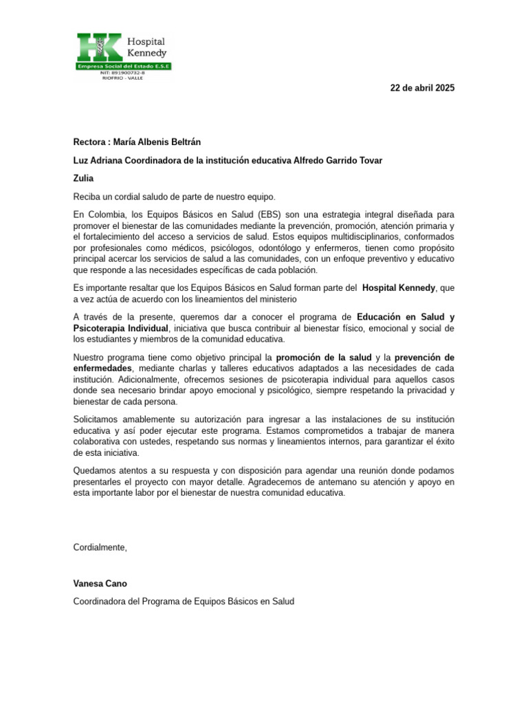 CARTA PRESENTACION EBS - INSTITUCIONES Portugal y La Zulia | PDF