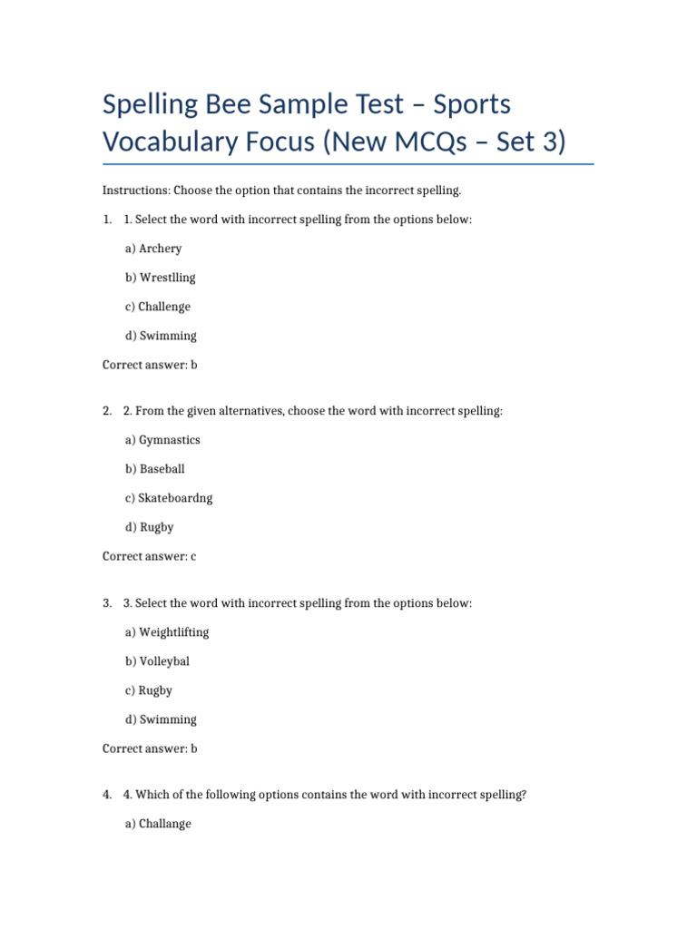 Spelling Bee Sports Vocabulary Test 3 | PDF