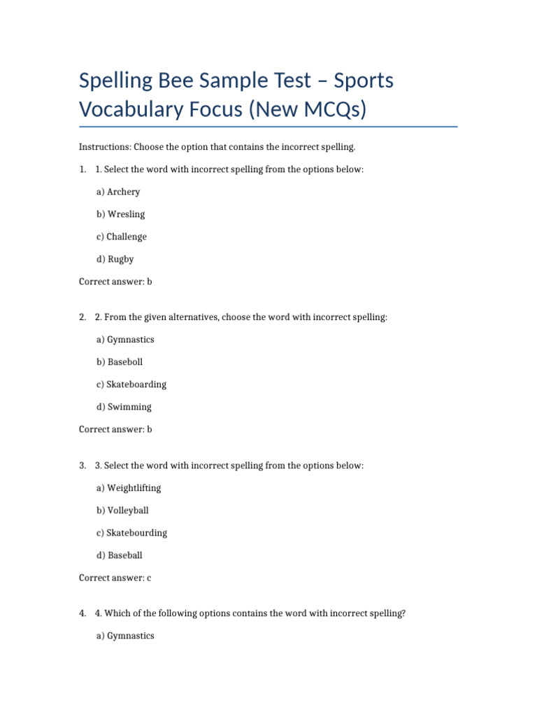Spelling_Bee_Sports_Vocabulary_Test_2 | PDF