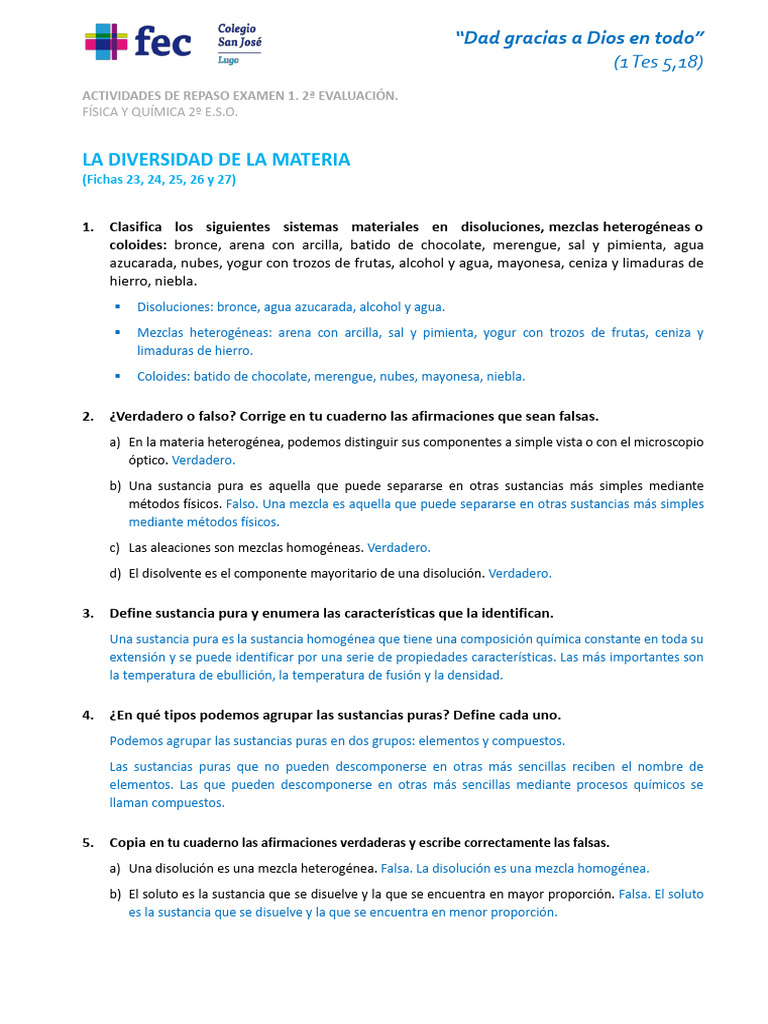 Corrección Actividades Repaso. Exame 1. 2º Avaliación. Fyq 2º E.S.O | PDF | Mezcla | Sustancias ...