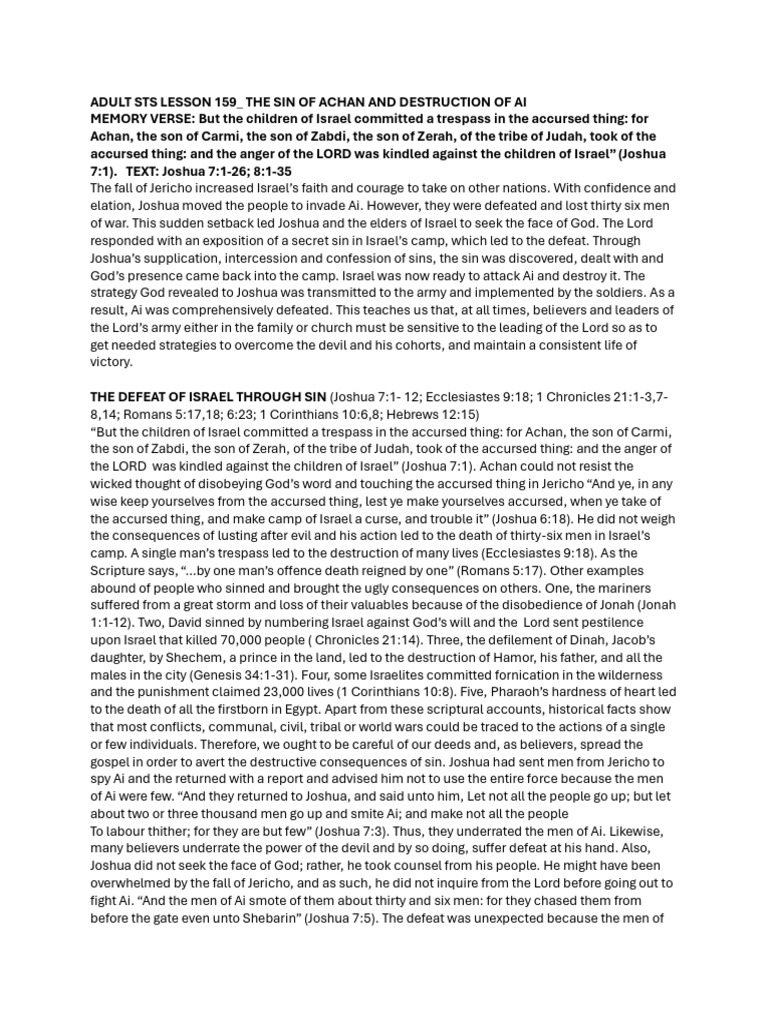 Achan's Sin and Ai's Defeat Explained | PDF | Joshua | Religious Belief ...