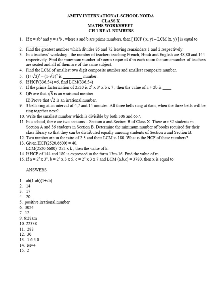 Real Numbers Worksheet | PDF
