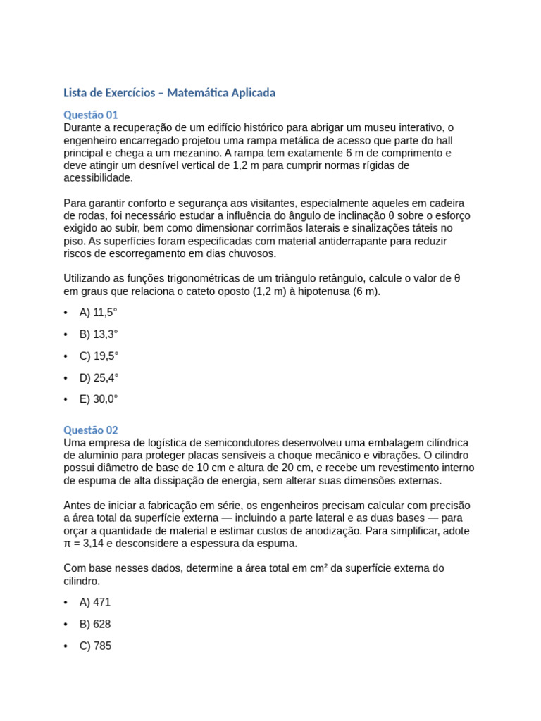 Lista - de - Exercicios - Matematica - Aplicada 2 | PDF | Trigonometria | Triângulo