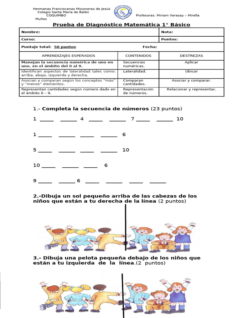 Prueba Diagnóstico Matemática 1° Básico | PDF