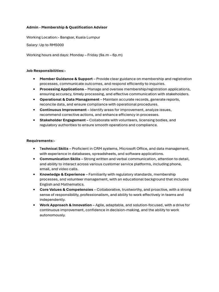 Job Discription Admin - Membership & Qualification Advisor | PDF