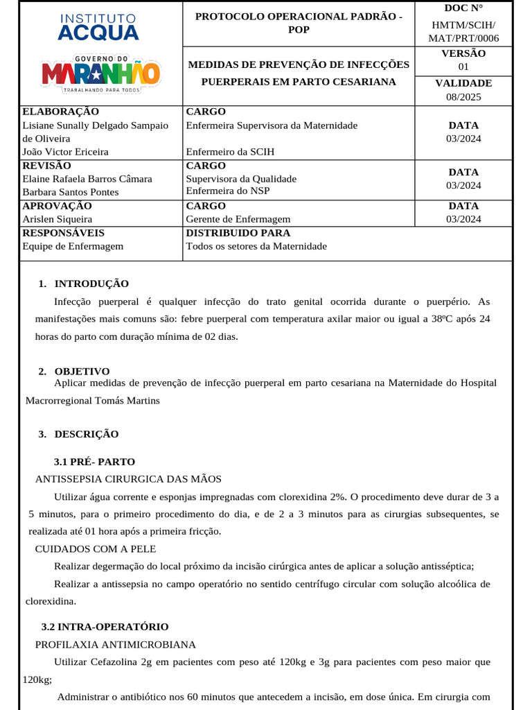 PRT - MAT - MEDIDAS DE PREVENÇÃO DE INFECÇÕES PUERPERAIS EM PARTO ...