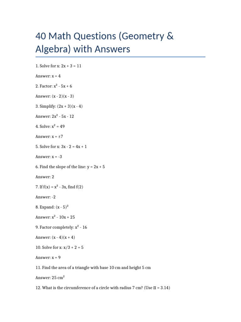 40 Math Questions Geometry Algebra | PDF | Area | Elementary Mathematics