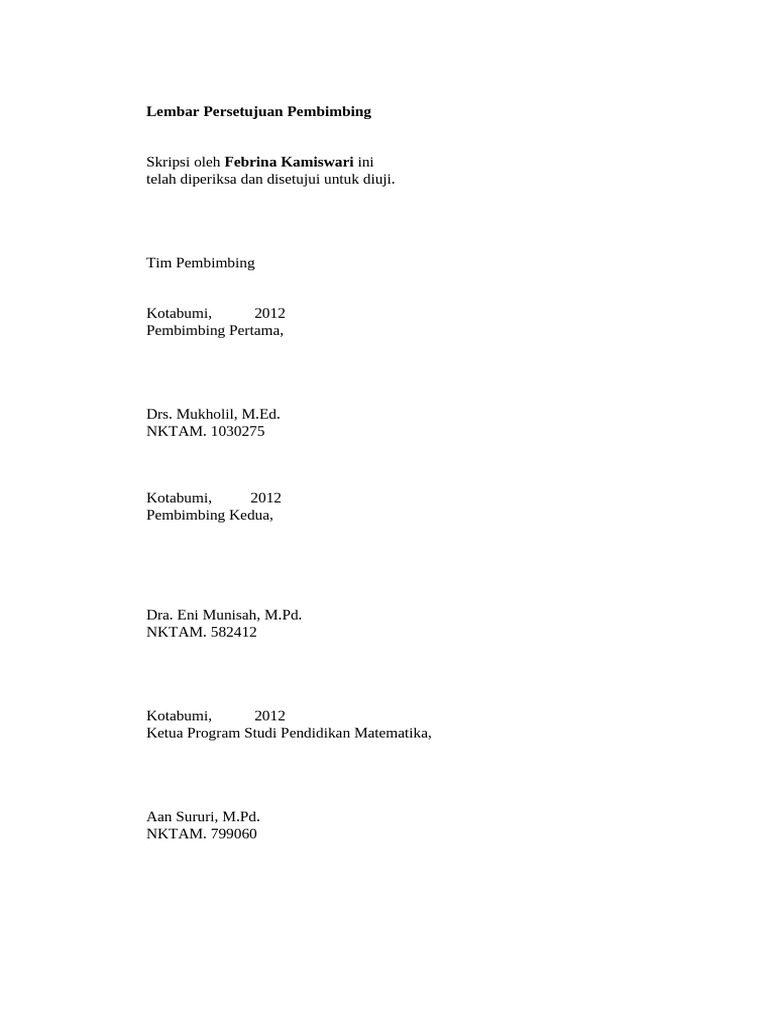 Lembar Persetujuan Dan Pengesahan Skripsi | PDF