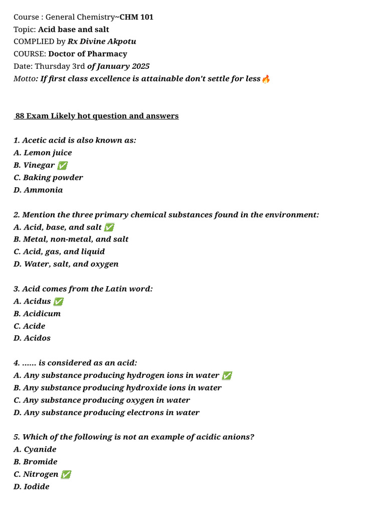 CHM 101 Acid-Base and Salt Future Question and Answer by RX Divine Akpotu | PDF | Acid | Hydroxide