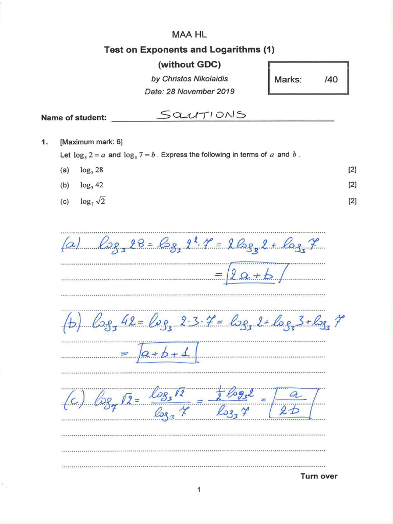 TEST 4. Exponents - Logarithms 1 (SOLUTIONS) | PDF