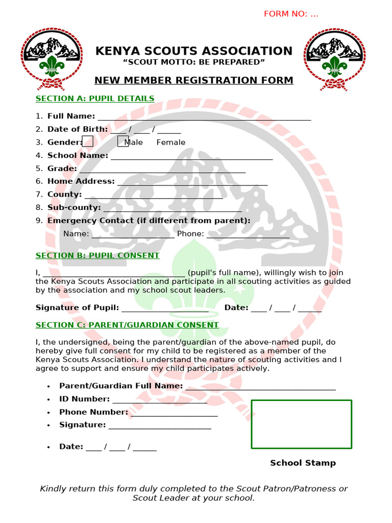 Kenya Scouts Association New Member Registration Form | PDF | Scouting