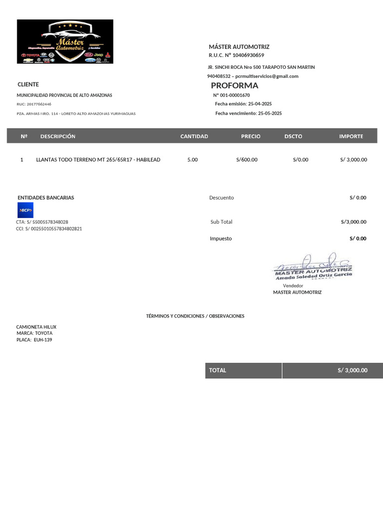 Proforma - 001-00001670 Llantas MT | PDF