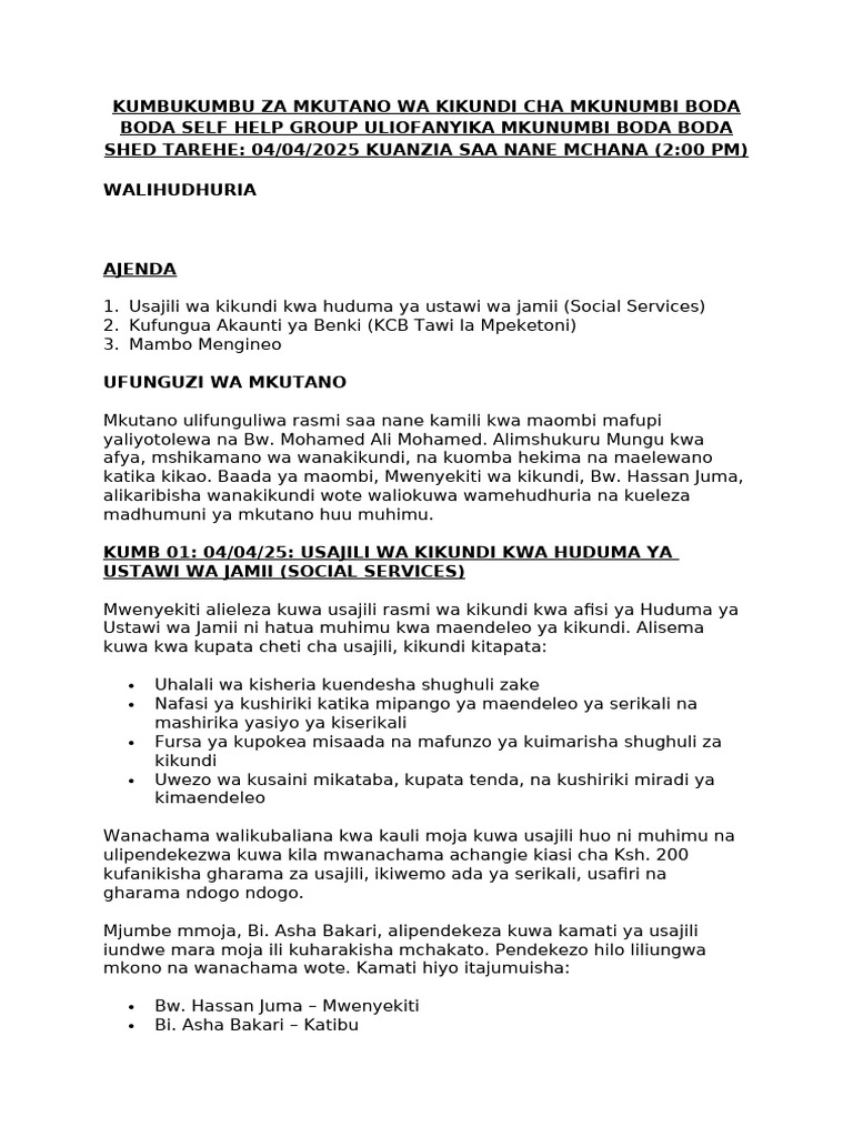 Mkunumbi Boda Boda Self Help Group | PDF