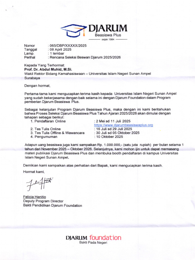 Surat Djarum Beasiswa Plus | PDF