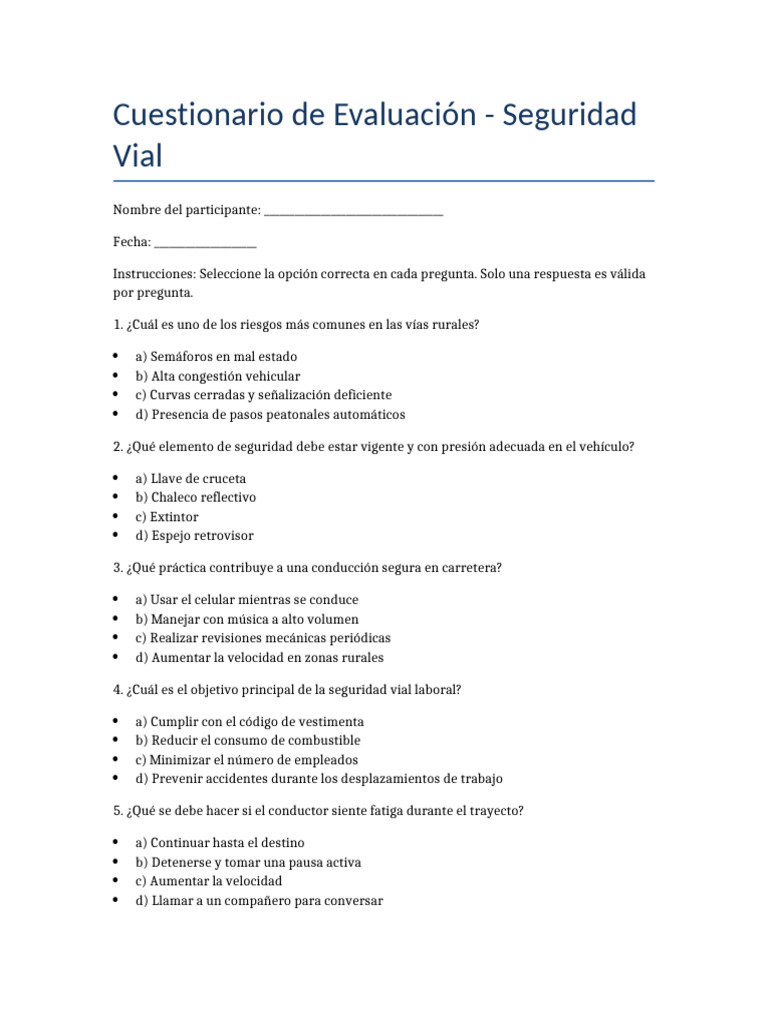 Cuestionario Evaluacion Seguridad Vial | PDF