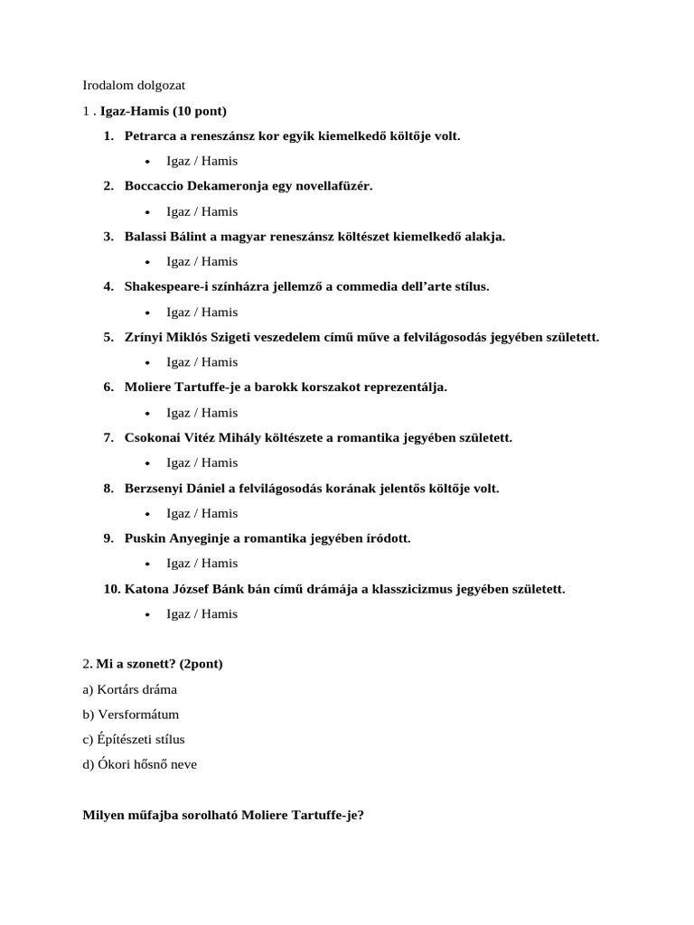 Irodalom Dolgozat Lexika 2. | PDF