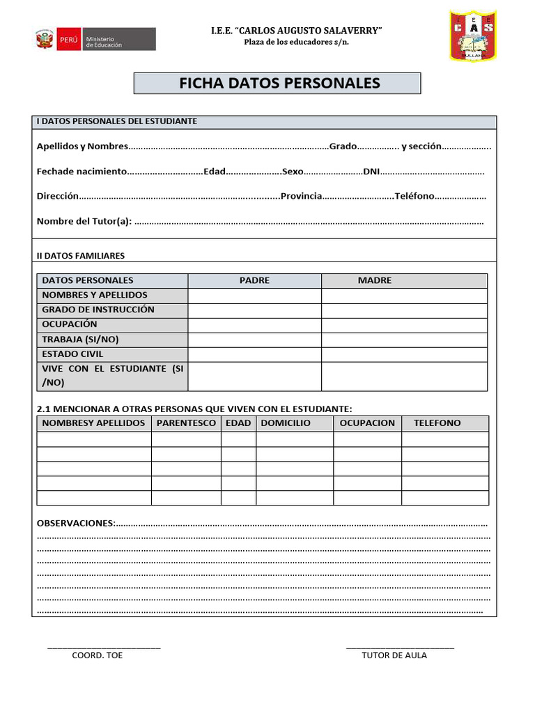 Ficha de Datos Personales Estudiante | PDF