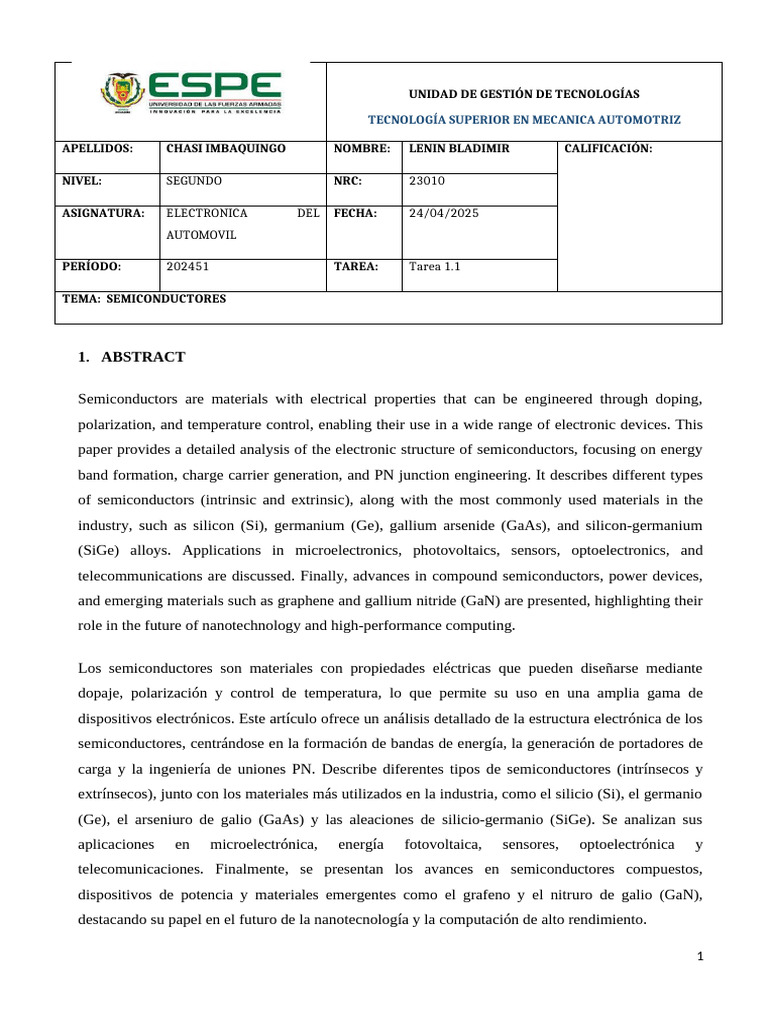 FORMATO TAREAS | PDF | Semiconductores | Dopaje (semiconductor)