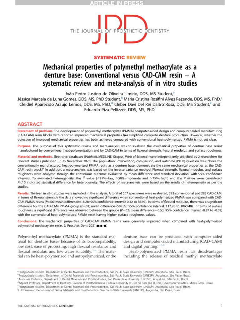 Mechanical properties of polymethyl methacrylate as a denture base: Conventional versus CAD-CAM ...