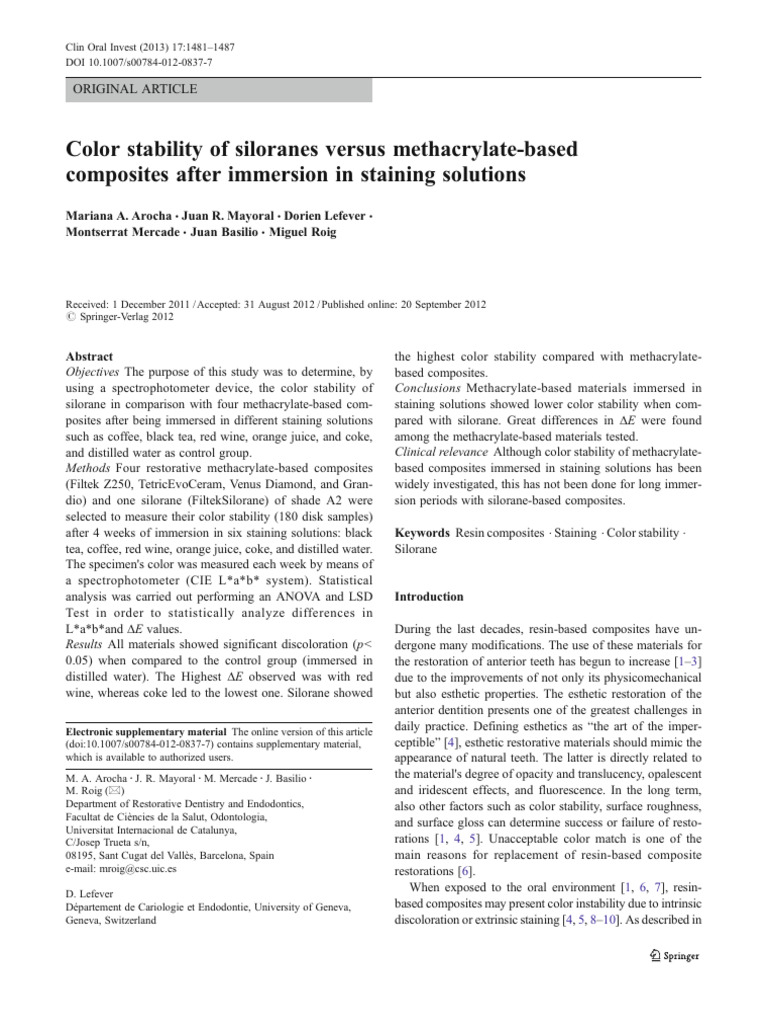 Silorane vs. Methacrylate Color Stability | PDF | Materials