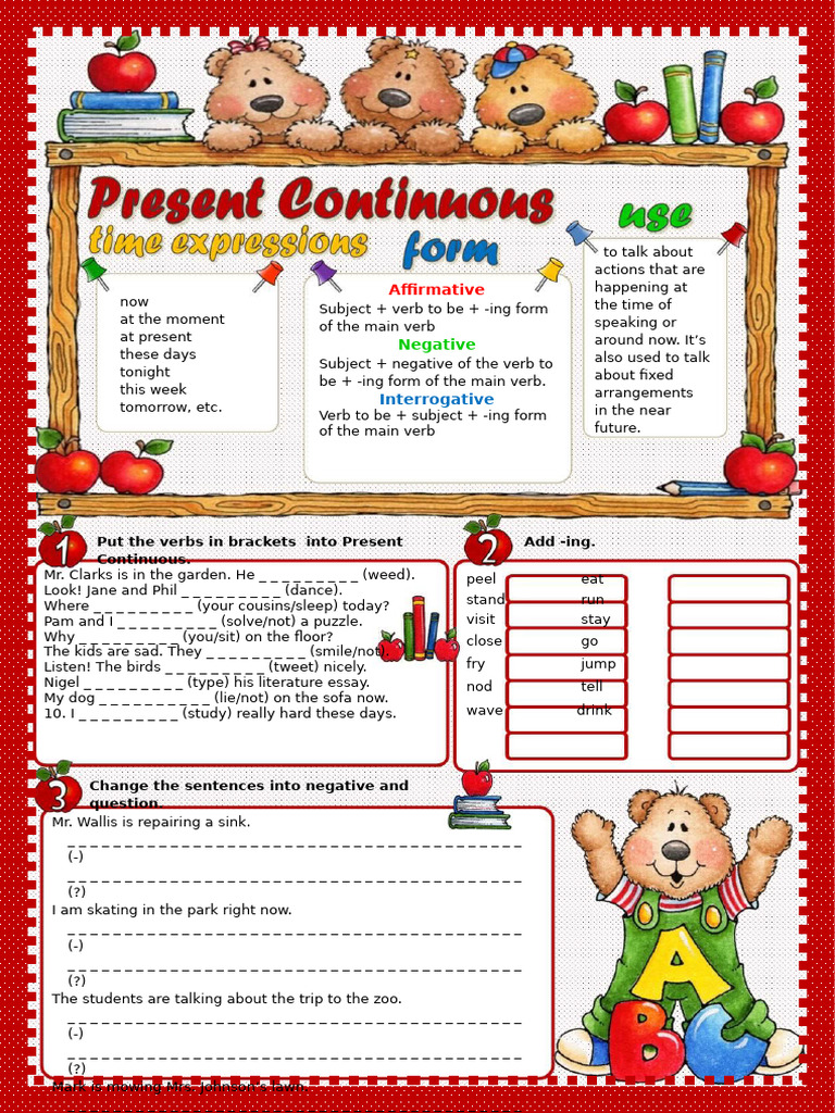 Present Continuous Tense Fun Activities Games Grammar Drills Grammar ...