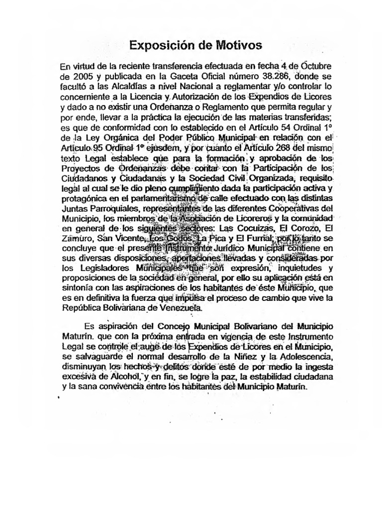 Ordenanza o Ley Local Sobre Expendio y Permisologia para Venta Bebidas ...