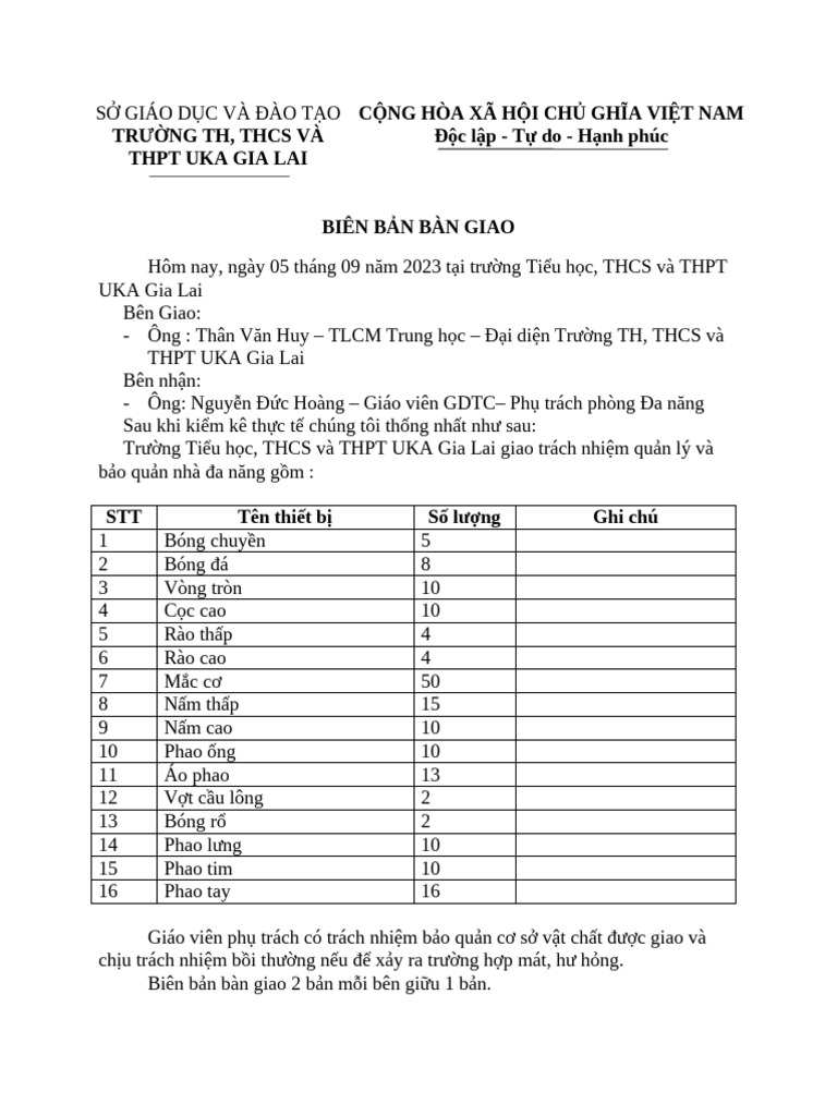 Uka Biên Bản Bàn Giao Phòng Đa Năng | PDF