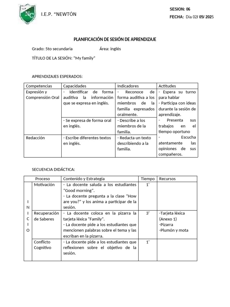 Planificacion de Sesion de Aprendizaje My Family | PDF | Aprendizaje | Cognición