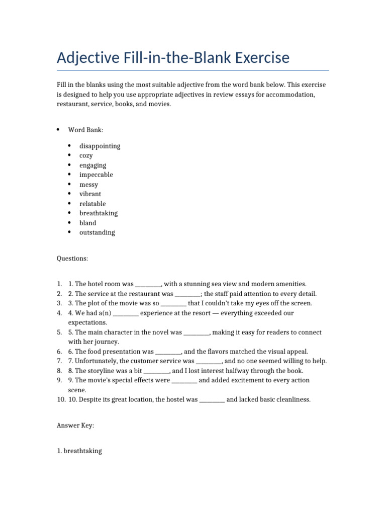 Adjective Review Exercise | PDF