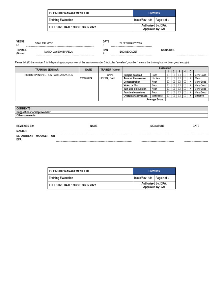 Form CRW-015 Training Evaluation | PDF