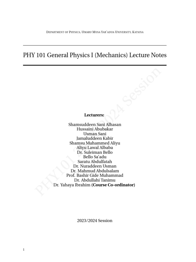 Phy101 Lecture Notes 2024 Pdf Force Euclidean Vector