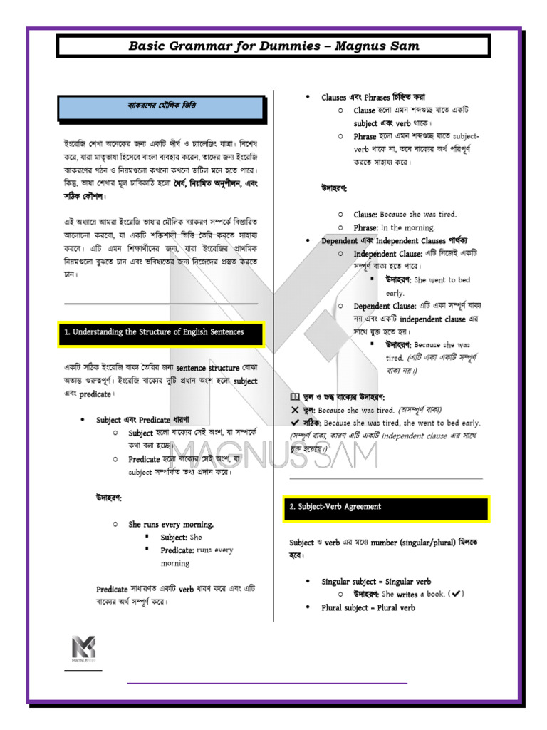 Basic Grammar For Dummies (In Bangla) | PDF