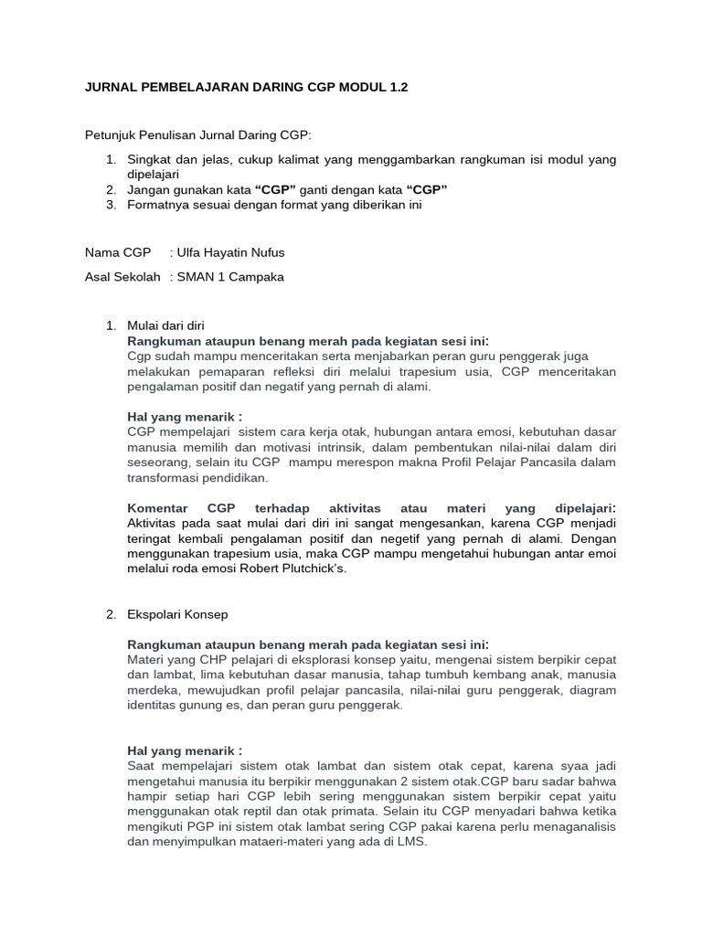 Jurnal pembelajaran daring MODUL 1.2 - Ulfa Hayatin Nufus | PDF