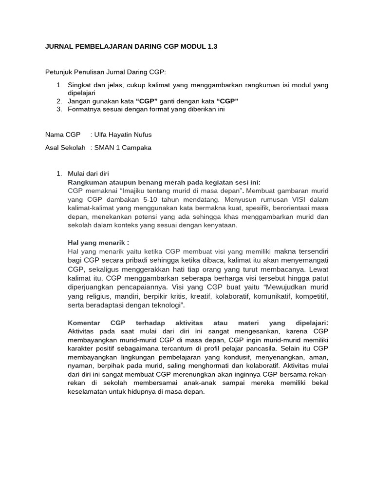 Jurnal Pembelajaran Daring MODUL 1.3 Visi Guru Penggerak - Ulfa Hayatin Nufus | PDF