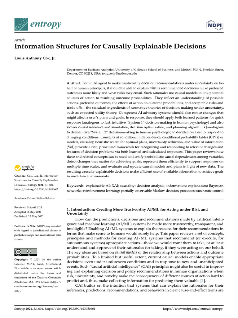 Information Structures For Causally Explainable Decisions | PDF ...