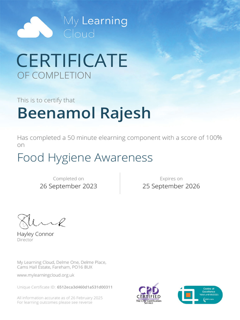 Certificate: Beenamol Rajesh | PDF