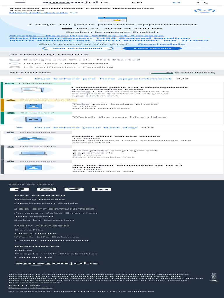 Amazon Pre-Hire Appointment Checklist | PDF
