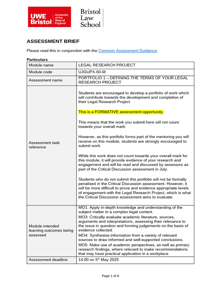 Legal Research Project - Portfolio 1 Brief | PDF | Mentorship | Evidence