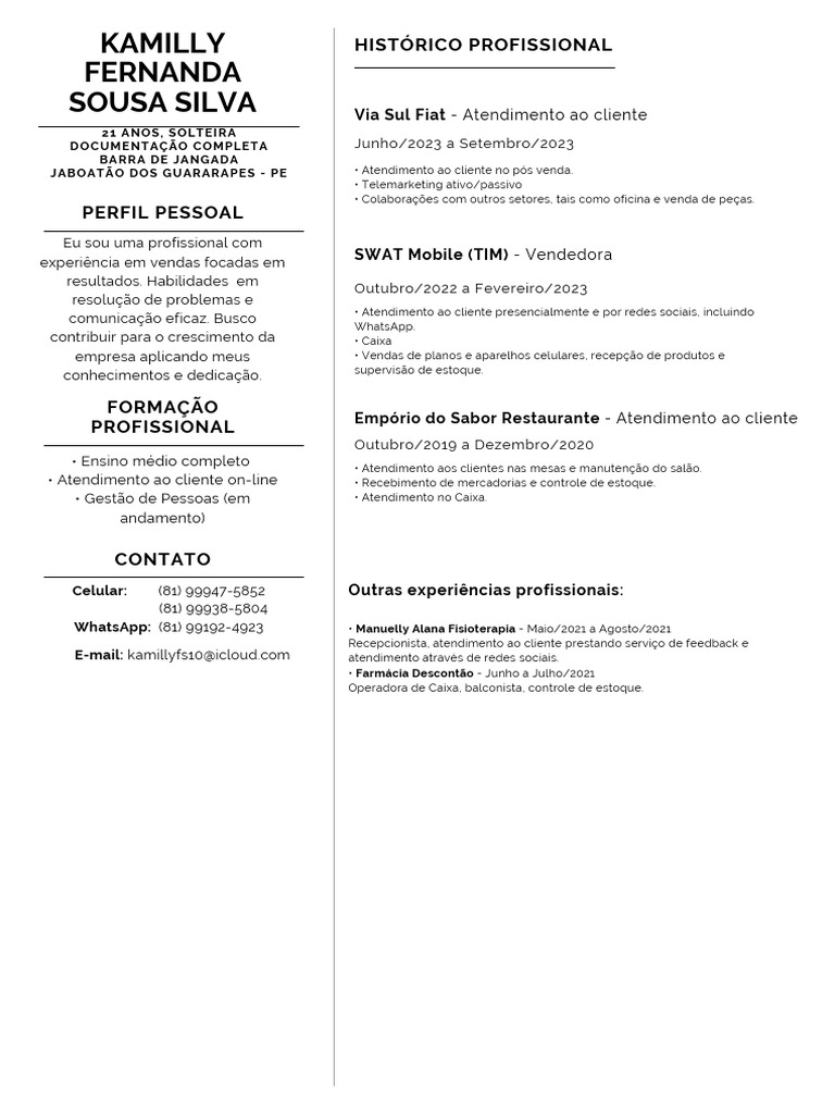 Curriculo Kamilly Sousa. | PDF