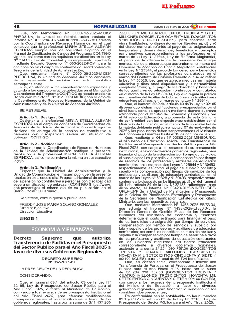Ds - 082-2025-Ef JUEVES 1 DE MAYO | PDF | Presupuesto | Presupuesto del gobierno