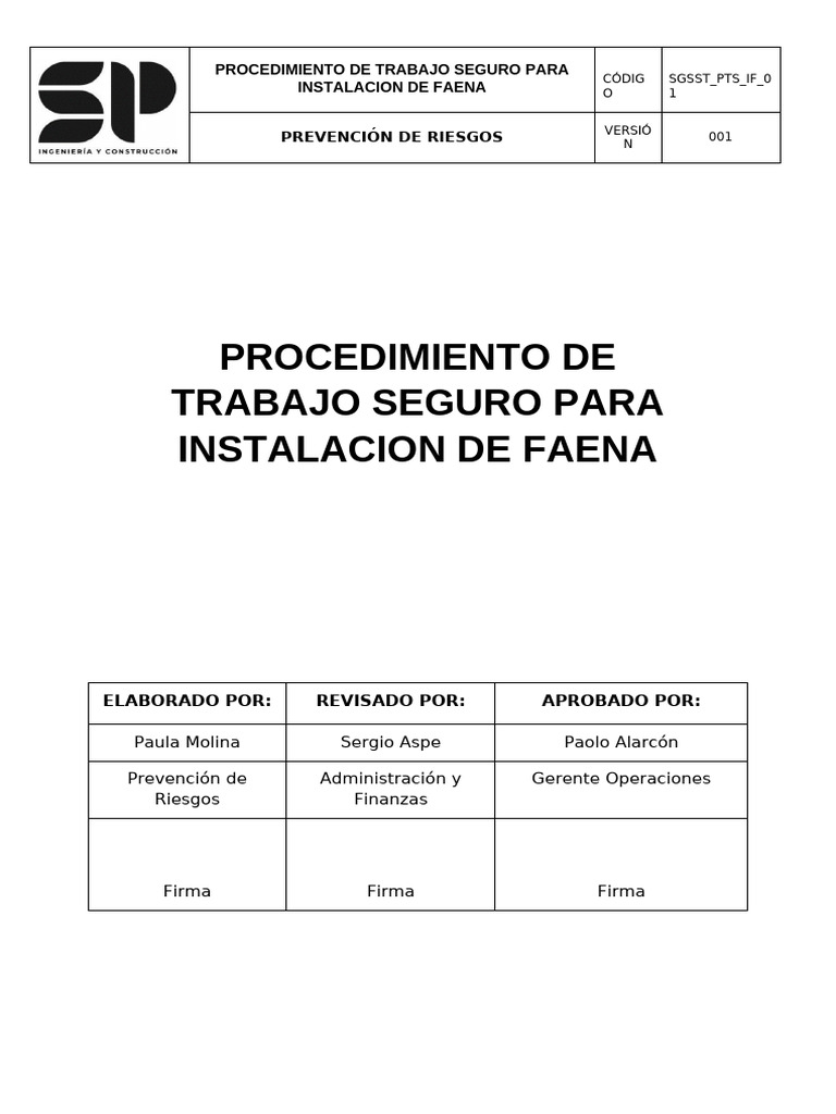 SGSST_PTS_IF_INSTALACION DE FAENA. | PDF | Seguridad y salud ocupacional